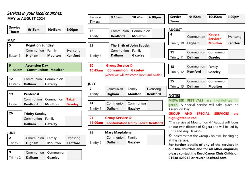 Diary for all the churches in the Group – All Saints' Church, Gazeley